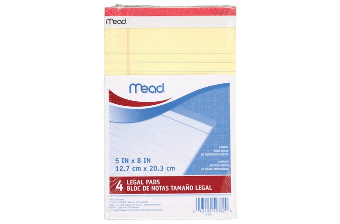 Mead® Junior Legal Pad, 5" x 8", Canary, 4 Pack | Notepads | Mead