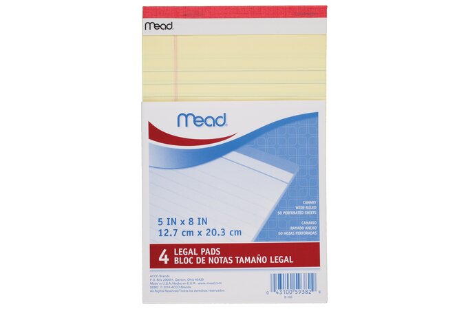 Mead® Junior Legal Pad, 5" x 8", Canary, 4 Pack | Notepads | Mead