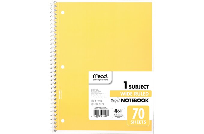 Mead Spiral Notebook, 1 Subject, Wide Ruled, 70 Sheets, 10 1/2" x 7 1/2 ...