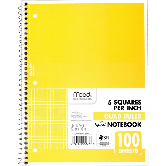 Mead Spiral Notebook, 1 Subject, Graph Ruled, 100 Sheets, 10 1/2" x 7 1 ...