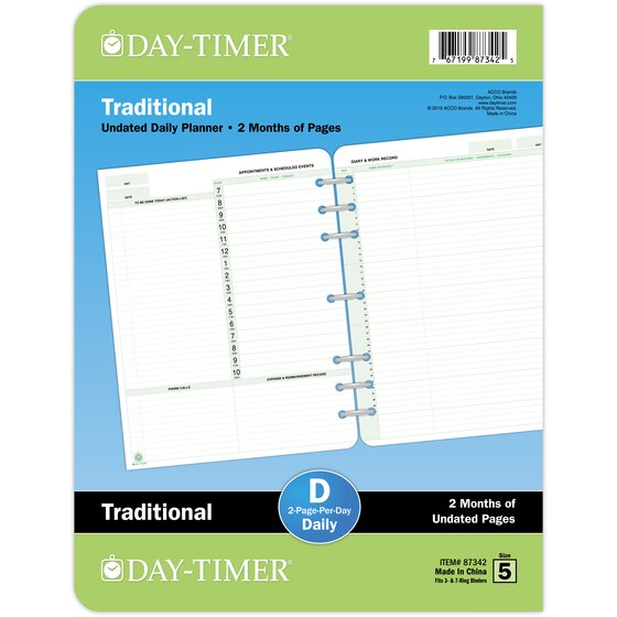 Day-Timer Undated Two-Page Per Day Planner Pages, Folio Size, 8 1/2" x ...