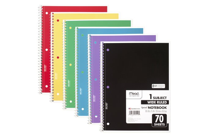 Mead Spiral Notebook, 1 Subject, Wide Ruled, 70 Sheets, 10 1/2" x 7 1/2 ...
