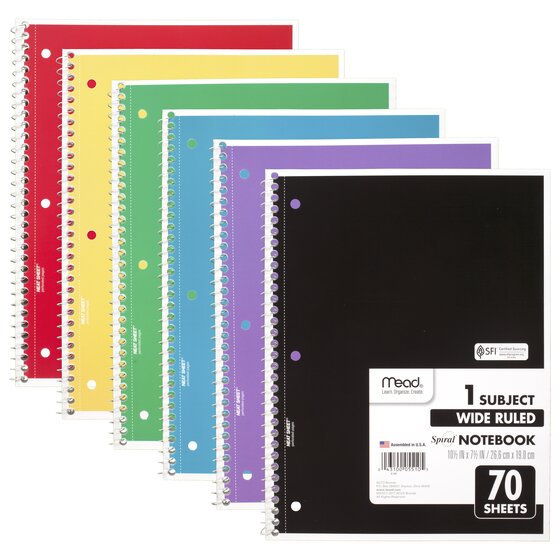Mead Spiral Notebook, 1 Subject, Wide Ruled, 70 Sheets, 10 1/2" x 7 1/2 ...