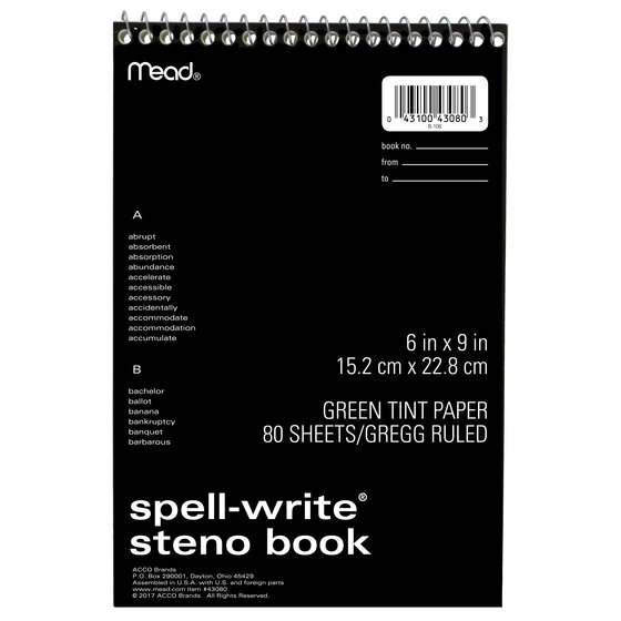 Mead® Spell-Write Wirebound Steno Book, 80 Sheets, Green Paper, 6" x 9 ...