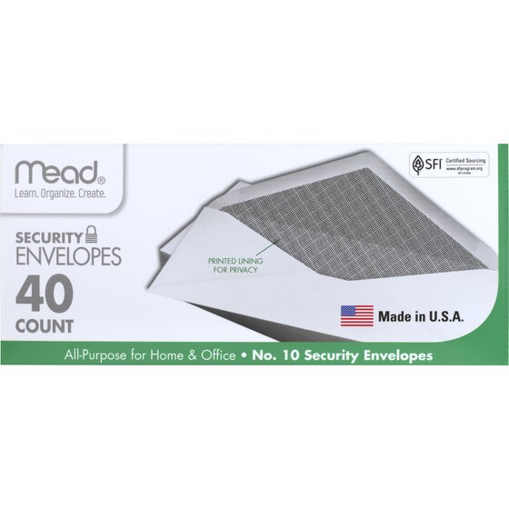 Mead #10 Security Envelopes, 4 1/8" x 9 1/2", White, 40 Count | Mead ...