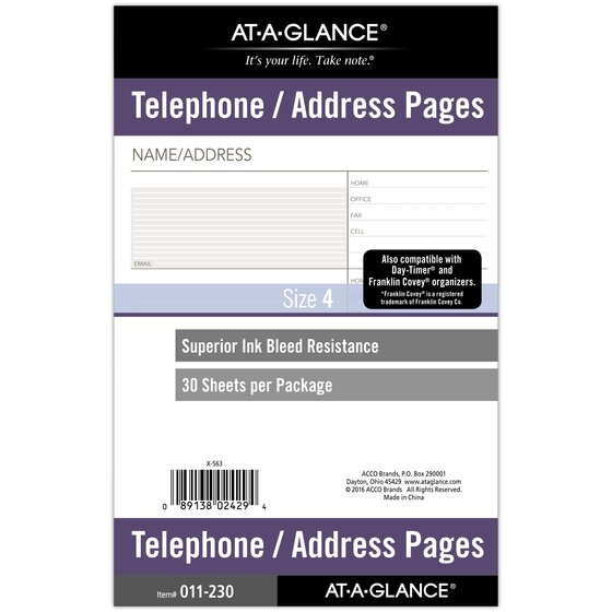 AT-A-GLANCE Telephone/Address Planner Pages | Refillable Planners ...