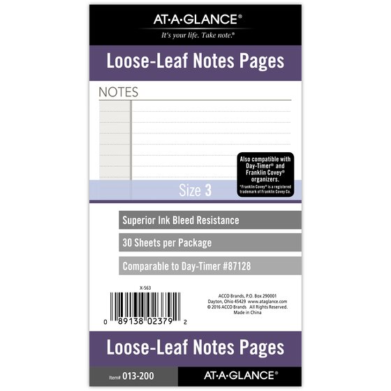 AT-A-GLANCE Undated Notes Pages, Loose-Leaf, 6 Ring, Portable Size, 3 3 ...