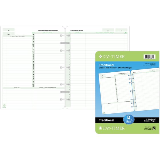 Day-Timer Undated Two-Page Per Day Planner Pages, Loose-Leaf, Folio ...