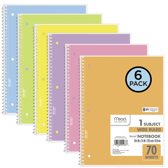Mead® Spiral Notebook, 1 Subject, Wide Ruled, 8" x 10 1/2", 70 Sheets ...