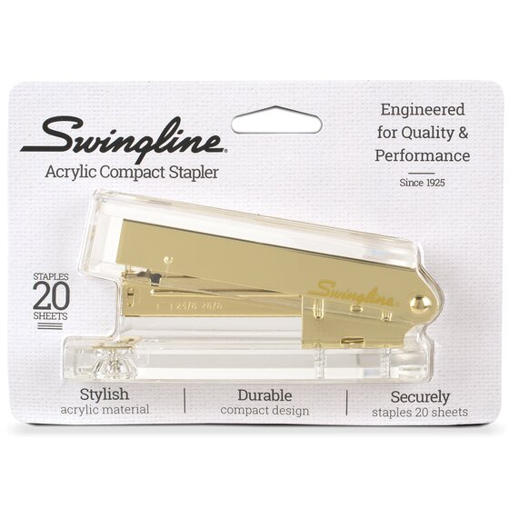 Swingline® Compact Acrylic Stapler, 20 Sheets, Half Strip, Clear/Gold ...