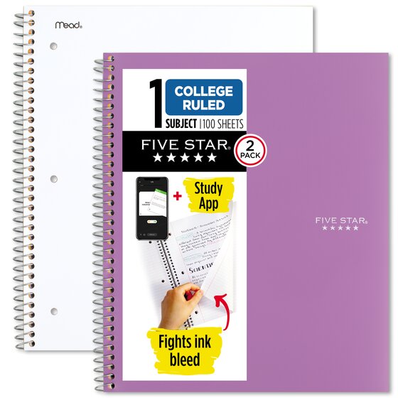 Five Star® Spiral Notebook Plus Study App, 1 Subject, College Ruled, 8 ...