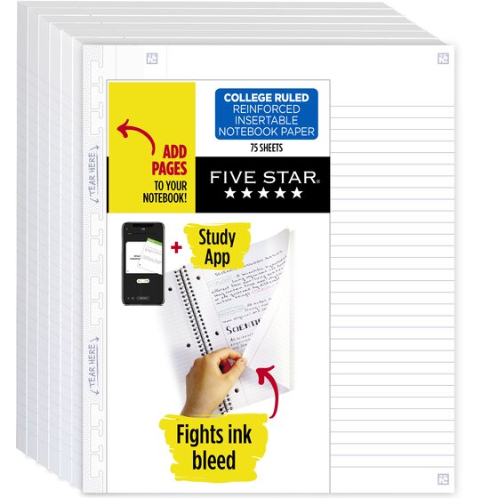 Five Star® Reinforced Insertable Notebook Paper, College Ruled, 8 1/2 ...