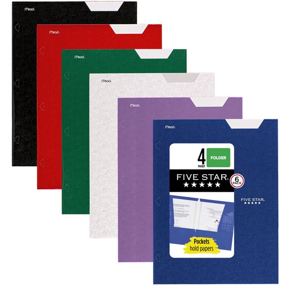 Five Star 4 Pocket Paper Folder 6 Pack Black Fire Red Forest Green Pacific Blue White Amethyst Purple Pocket Folders Five Star