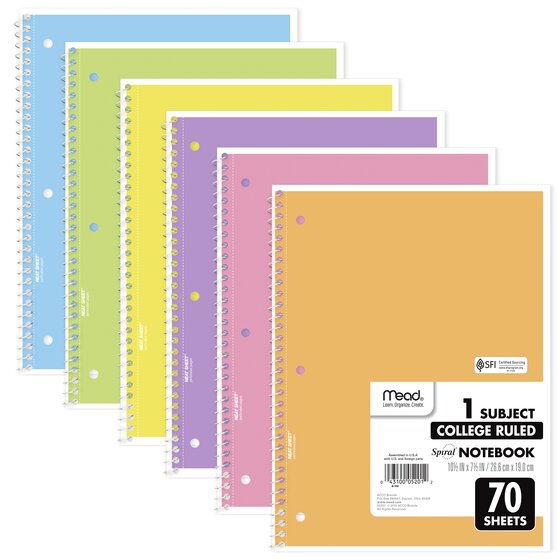 Mead® Spiral Notebook, 1 Subject, College Ruled, 8" x 10 1/2", 6 Pack ...