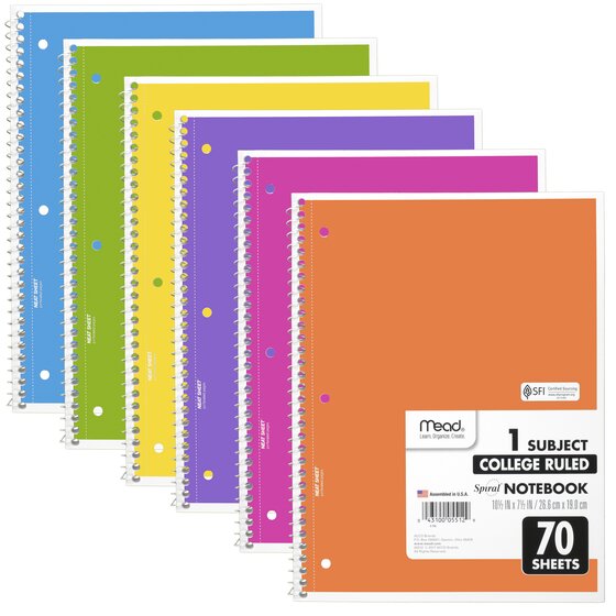 Mead® Spiral Notebook, 1 Subject, College Ruled, 8" x 10 1/2", 6 Pack ...