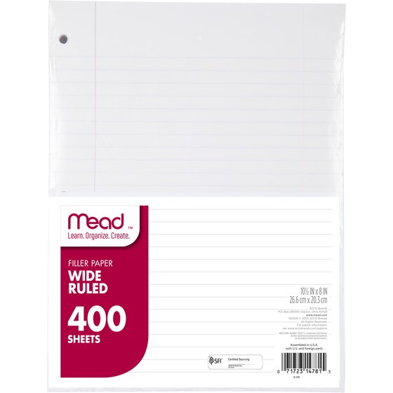 Mead® Filler Paper, Wide Ruled, 8" x 10 1/2", 400 Sheets/Pack | Filler ...