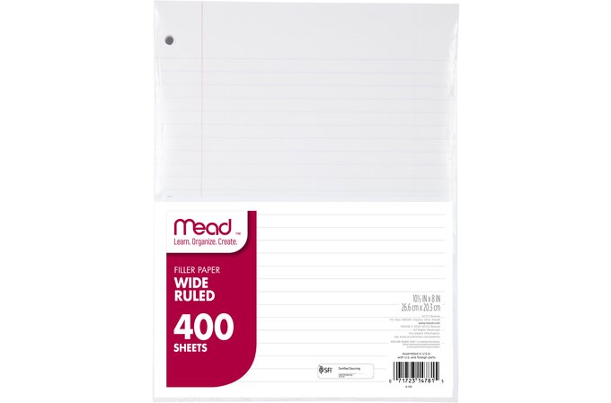 Mead® Filler Paper, Wide Ruled, 10-1/2" x 8", 400 Sheets/Pack | Filler ...