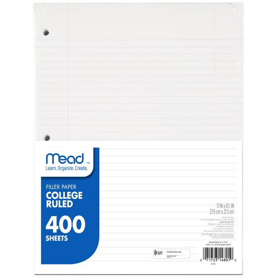 Mead® Filler Paper, College Ruled, 8 1/2" x 11", 400 Sheets/Pack ...