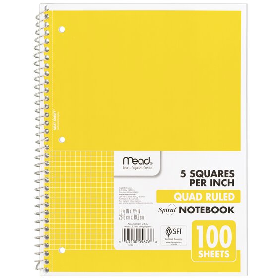 Mead Spiral Notebook, 1 Subject, Graph Ruled, 100 Sheets, 10 1/2" x 7 1 ...