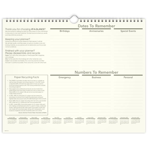 AT-A-GLANCE® 2025 Recycled Monthly Wall Calendar, Medium, 15 AT-A-GLANCE® 2025 Recycled Monthly Wall Calendar, Medium, 15