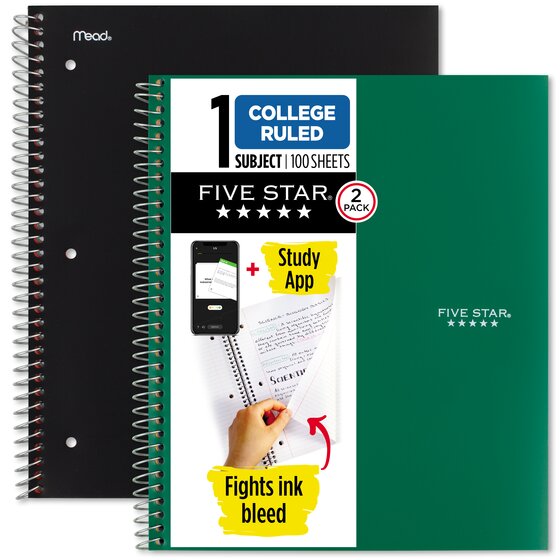 Five Star® Spiral Notebook Plus Study App, 1 Subject, College Ruled, 8 ...