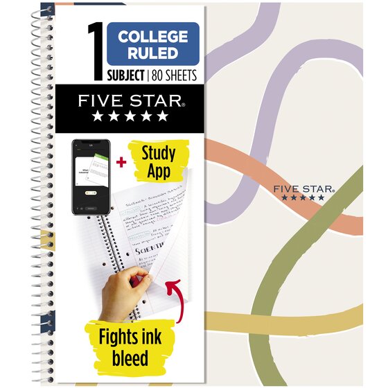 Five Star® Simple Waves Spiral Notebook Plus Study App, 1 Subject ...