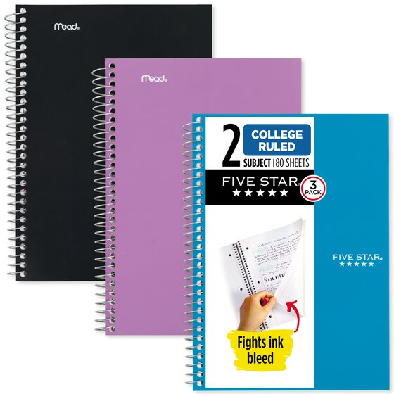 Five Star® Spiral Notebook, 2 Subject, College Ruled, 6" x 9 1/2", 3 ...
