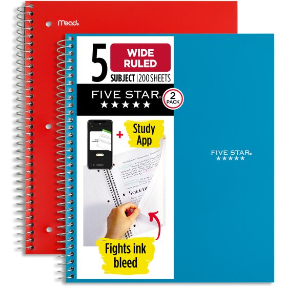 Five Star® Spiral Notebook Plus Study App, 5 Subject, Wide Ruled, 8" x ...