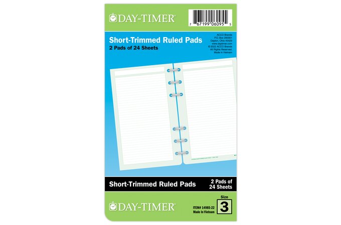 Day-Timer® Short-Trimmed Ruled Sheets, Loose-Leaf, Portable Size, 3 3/4 ...