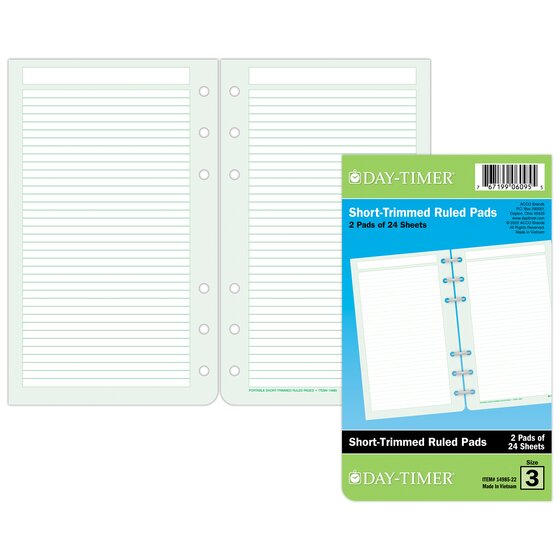 Day-Timer® Short-Trimmed Ruled Sheets, Loose-Leaf, Portable Size, 3 3/4 ...