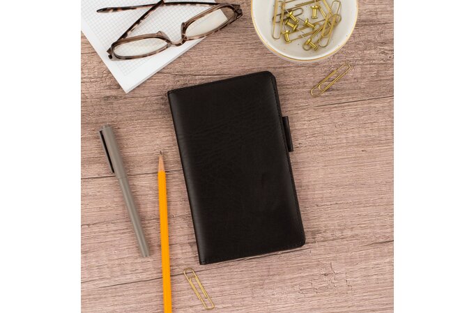 Day-Timer® Belgian Bonded Leather Planner Cover, Black, Pocket Size ...