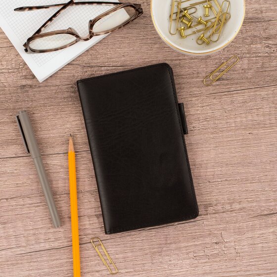 Day-Timer® Belgian Bonded Leather Planner Cover, Black, Pocket Size ...
