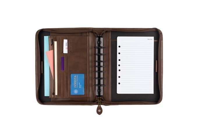 Day-Timer® Distressed Leather Zippered Planner Cover, Dark Tan, Desk ...