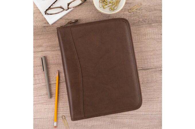 Day-Timer® Distressed Leather Zippered Planner Cover, Dark Tan, Desk ...