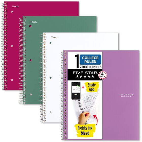 Five Star® Spiral Notebook Plus Study App, 1 Subject, College Ruled, 8 ...