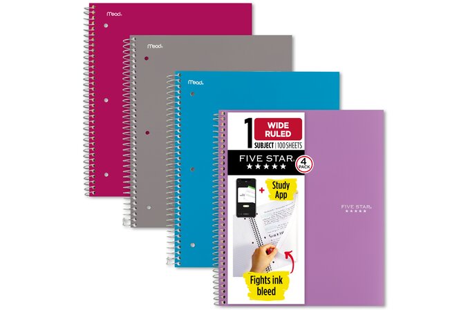 Five Star® Spiral Notebook Plus Study App, 1 Subject, Wide Ruled, 8" x ...