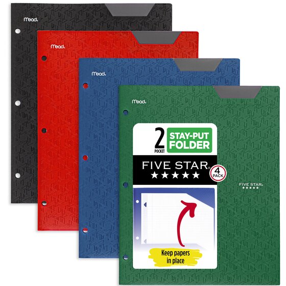 Five Star® 2-Pocket Stay-Put Plastic Folder, 4 Pack, Black, Fire Red ...