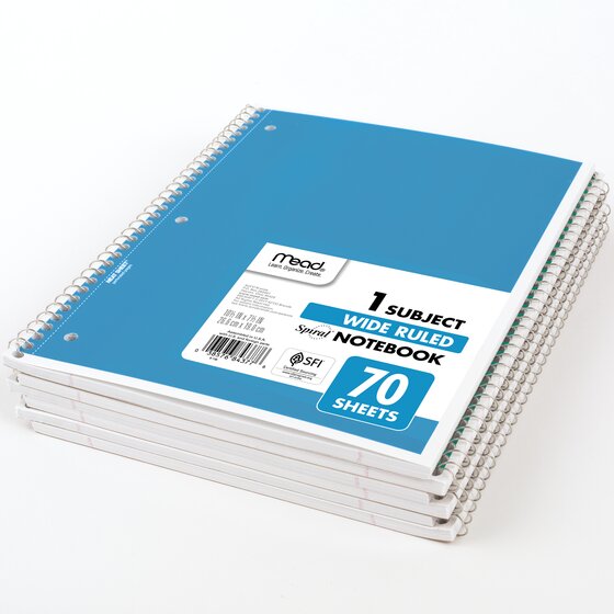 Mead Spiral Notebook, 1 Subject, Wide Ruled, 70 Sheets, 10 1/2" x 7 1/2 ...