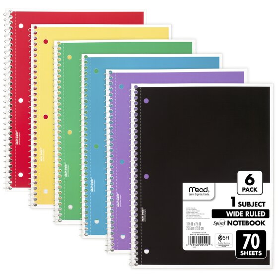 Mead Spiral Notebook, 1 Subject, Wide Ruled, 70 Sheets, 10 1/2" x 7 1/2 ...