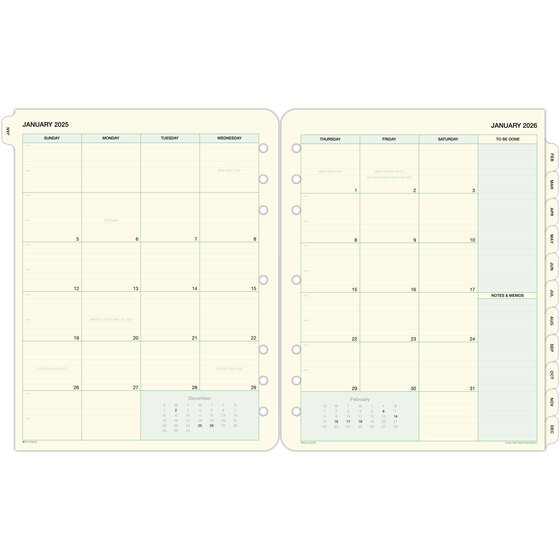 Day Timer® Two Page Per Month Loose-Leaf Tabbed Calendar Refills, Folio ...