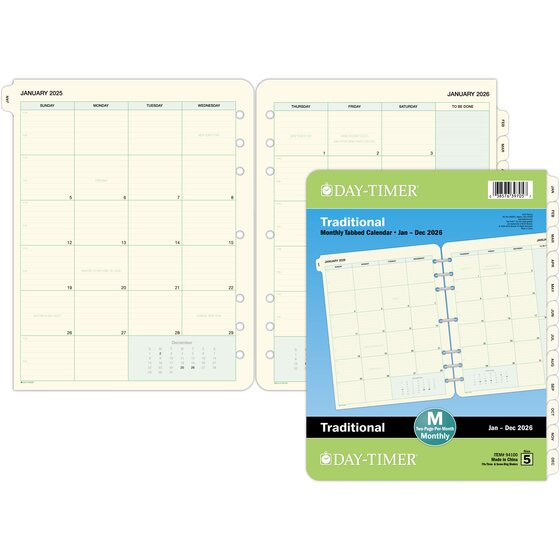 Day Timer® Two Page Per Month Loose-Leaf Tabbed Calendar Refills, Folio ...