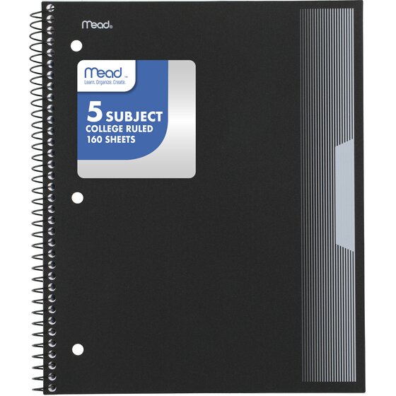 Mead® 5 Subject College Ruled Notebook, 8.5" x 11", Black, Poly, Spiral ...