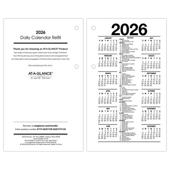 AT-A-GLANCE® 2026 Daily Loose-Leaf Desk Calendar Refill, Standard, 3 1/ ...