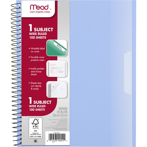 Mead® 1 Subject Wide Ruled Notebook, 8" x 10.5", Pastel Blue, Poly ...