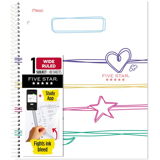 Five Star® Doodle Spiral Notebook Plus Study App, 1 Subject, Wide Ruled ...