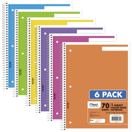 Mead® Spiral Notebook, 6 Pack, 1 Subject, College Ruled, 8" x 10 1/2 ...