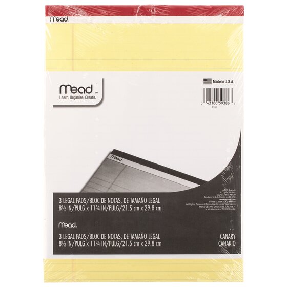 Mead® Legal Pad, 8 1/2" x 11", Canary Yellow, 3 Pack | Notepads | Mead