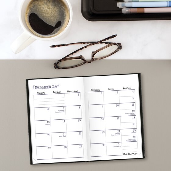 AT-A-GLANCE® Fine Diary® 2027 Weekly Monthly Diary, Black, Pocket, 2 3/ ...