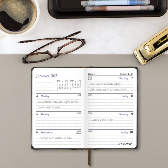 AT-A-GLANCE® Fine Diary® 2027 Weekly Monthly Diary, Black Brown, Pocket ...