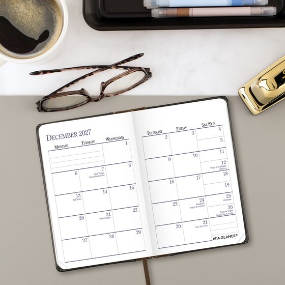 AT-A-GLANCE® Fine Diary® 2027 Weekly Monthly Diary, Black Brown, Pocket ...